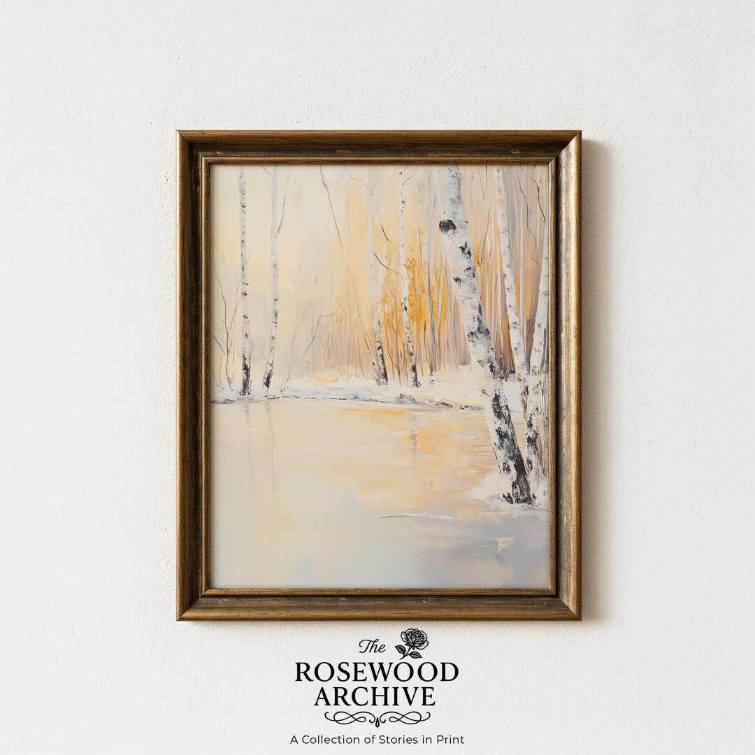 Pintura de lago de abedul congelado, arte de paisaje invernal ...