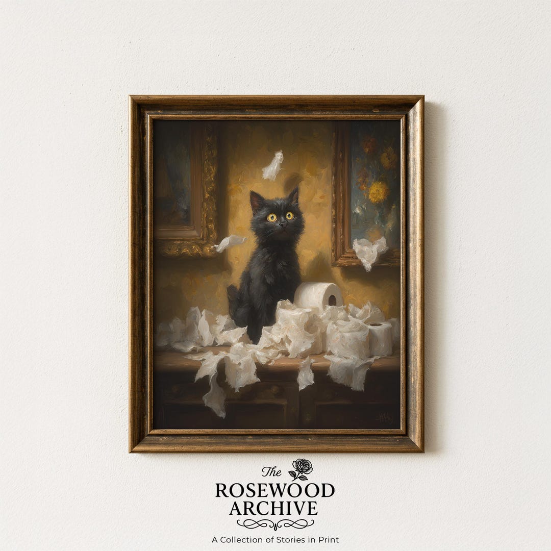 Whimsical Black Cat Mischief Print - Playful Moody Vintage Style ...