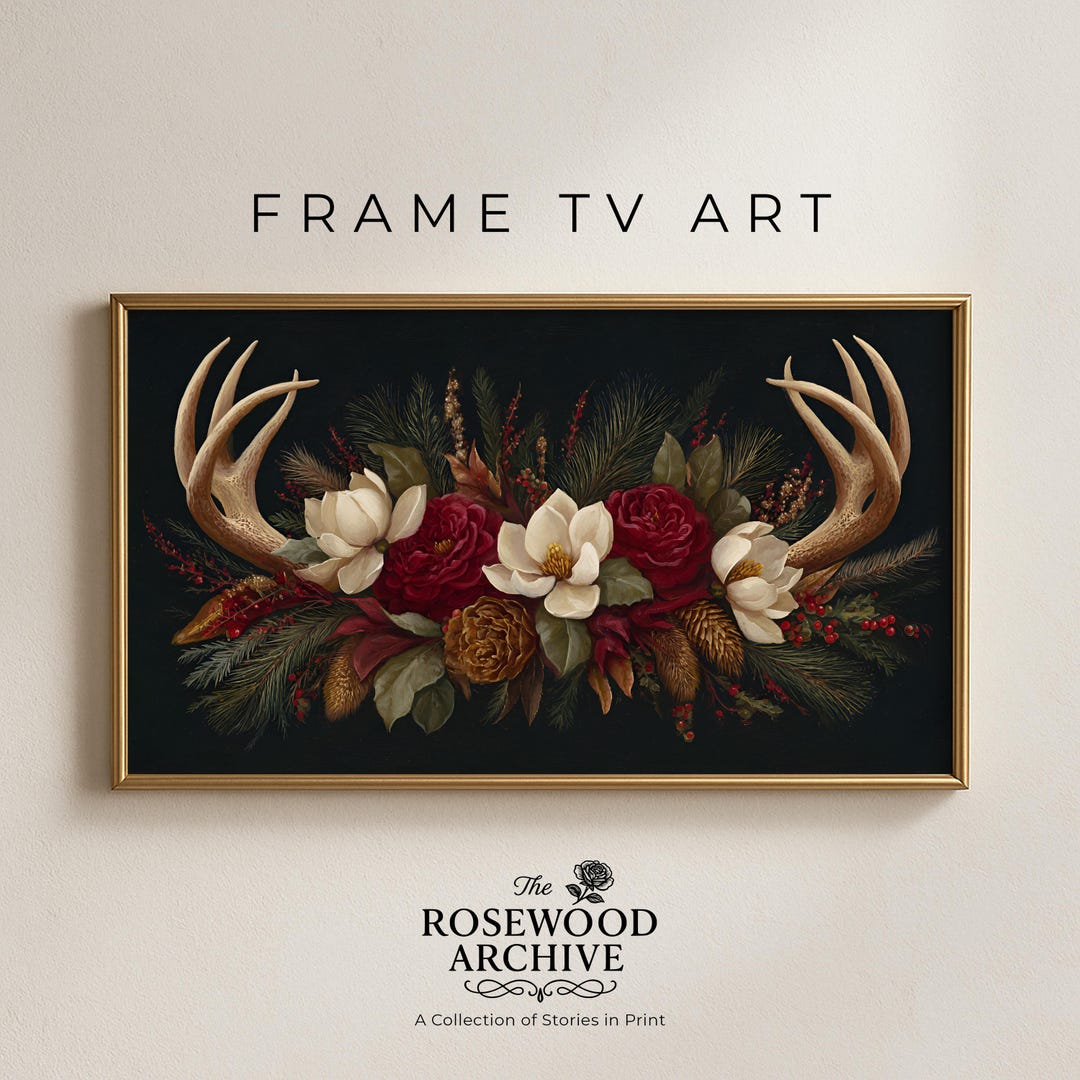 Winter Farmhouse TV Art, Rustic Deer Antler Art, Festive Samsung Frame ...