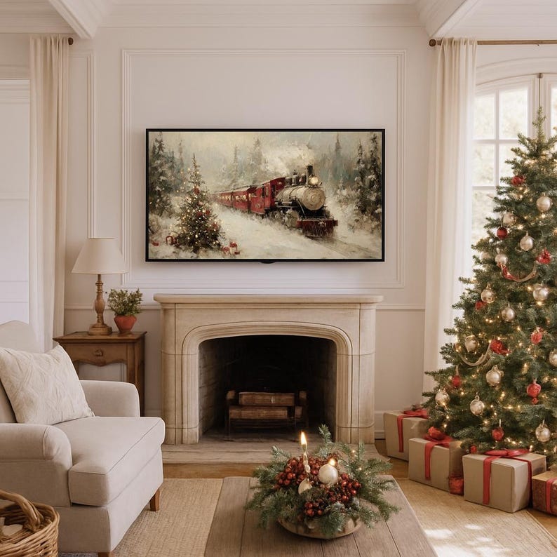 Vintage Winter Steam Locomotive Frame TV Art, Rustic Holiday Train Art ...