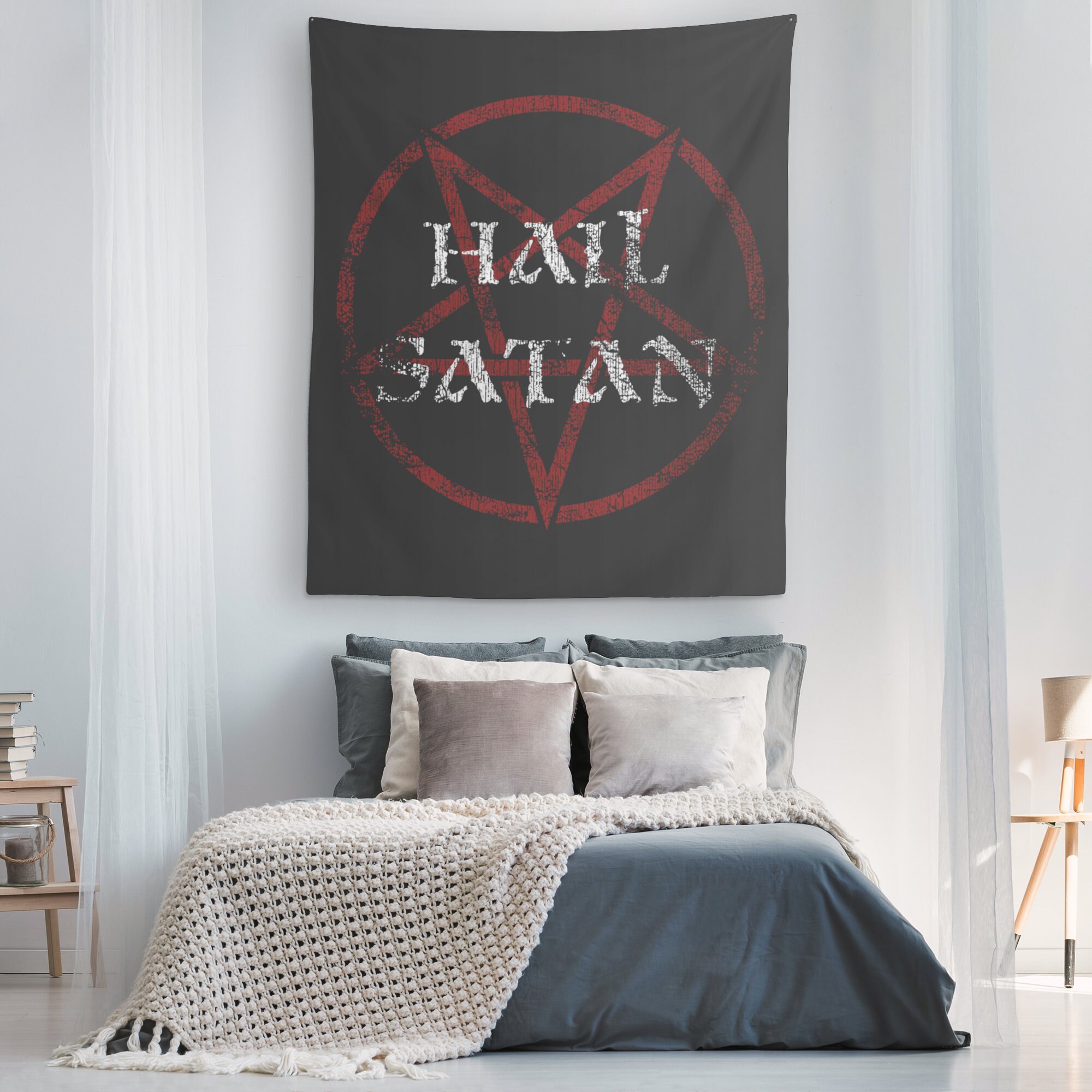 Satanic Gothic Occult Pentagram Hail Satan Wall Tapestry, Horror, Satan ...