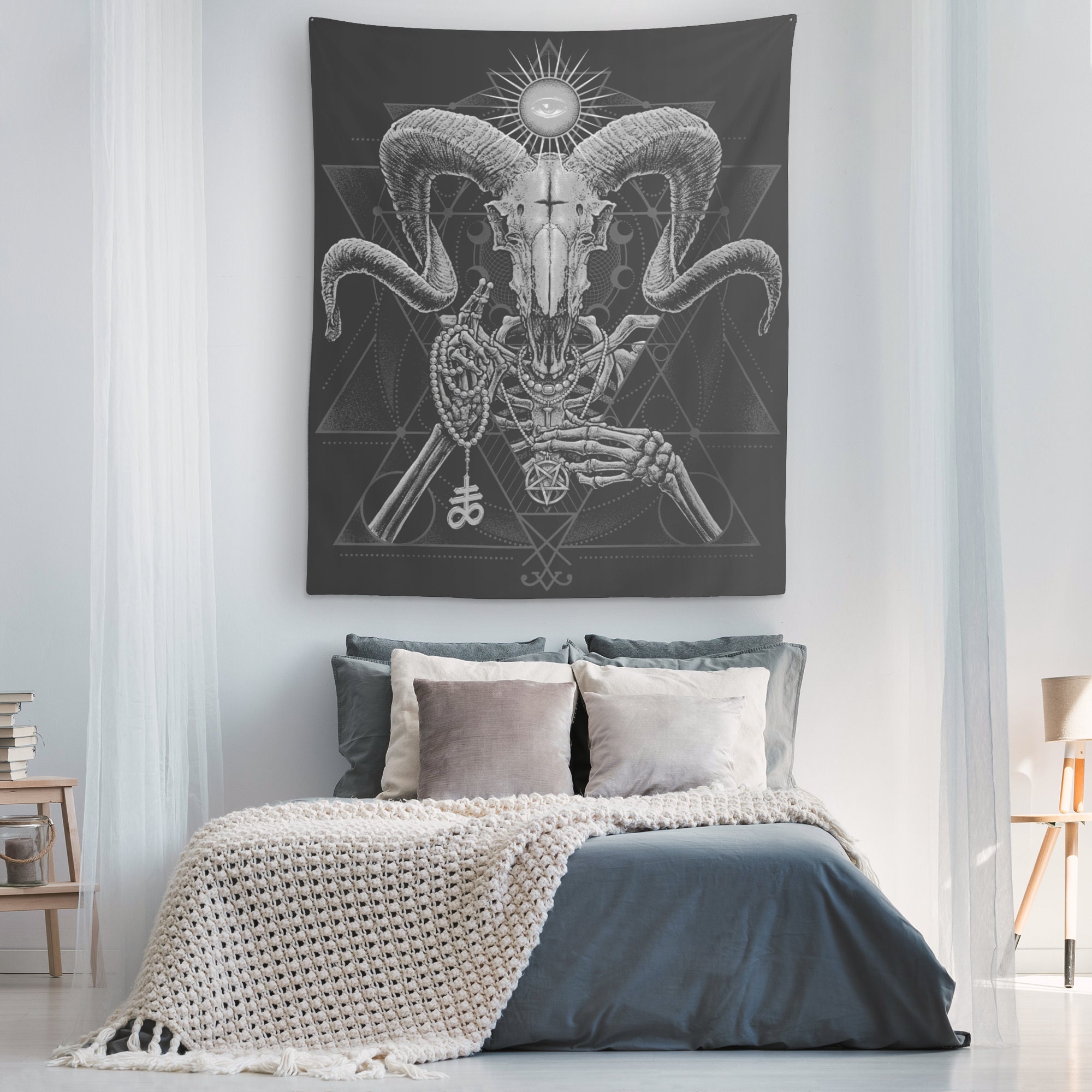 Home Décor Wall Hangings Home & Living Skeleton Baphomet Wall Tapestry ...