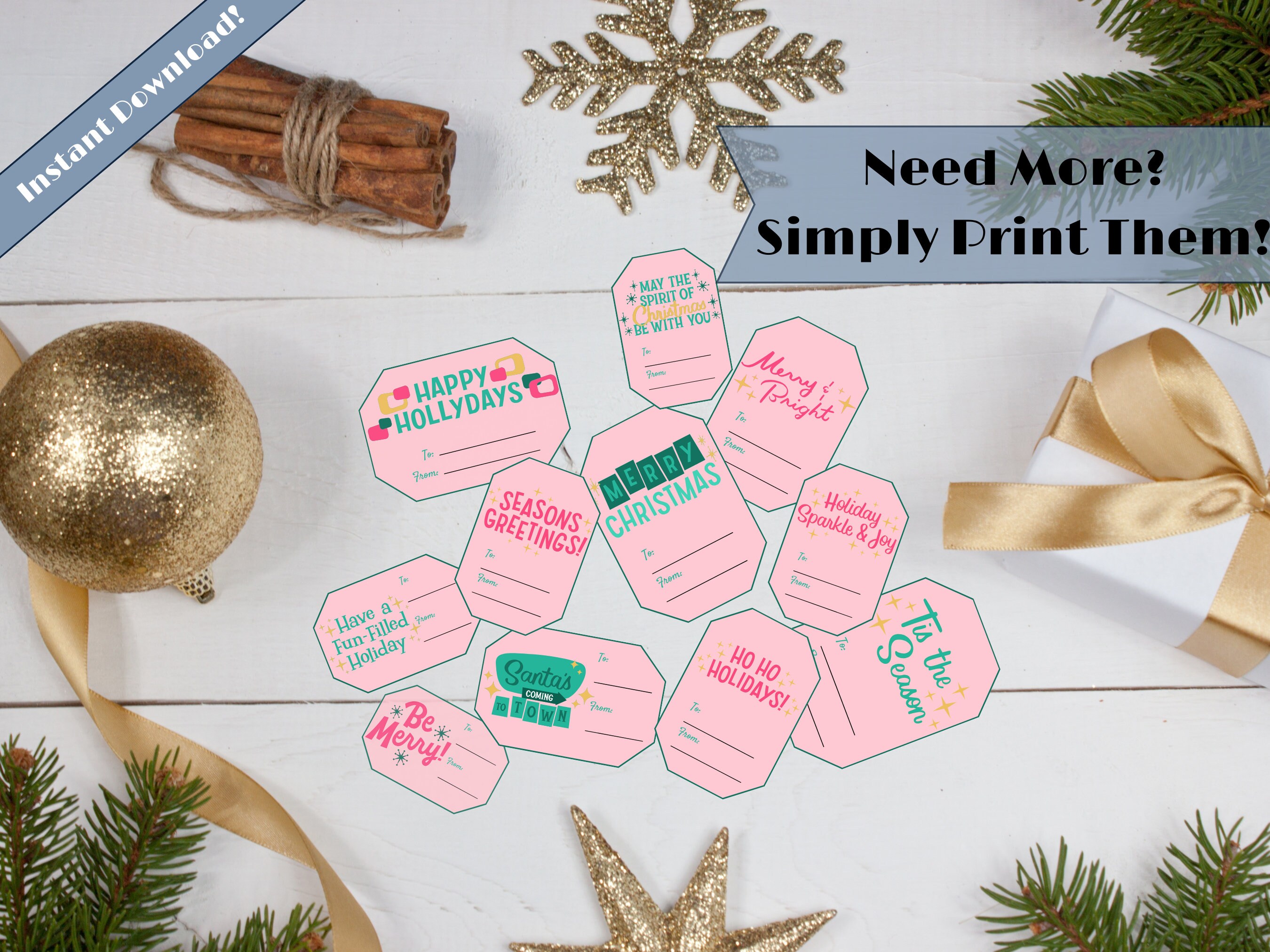 Printable Christmas Gift Tags Retro Pastel Pink Labels for Presents 36 ...