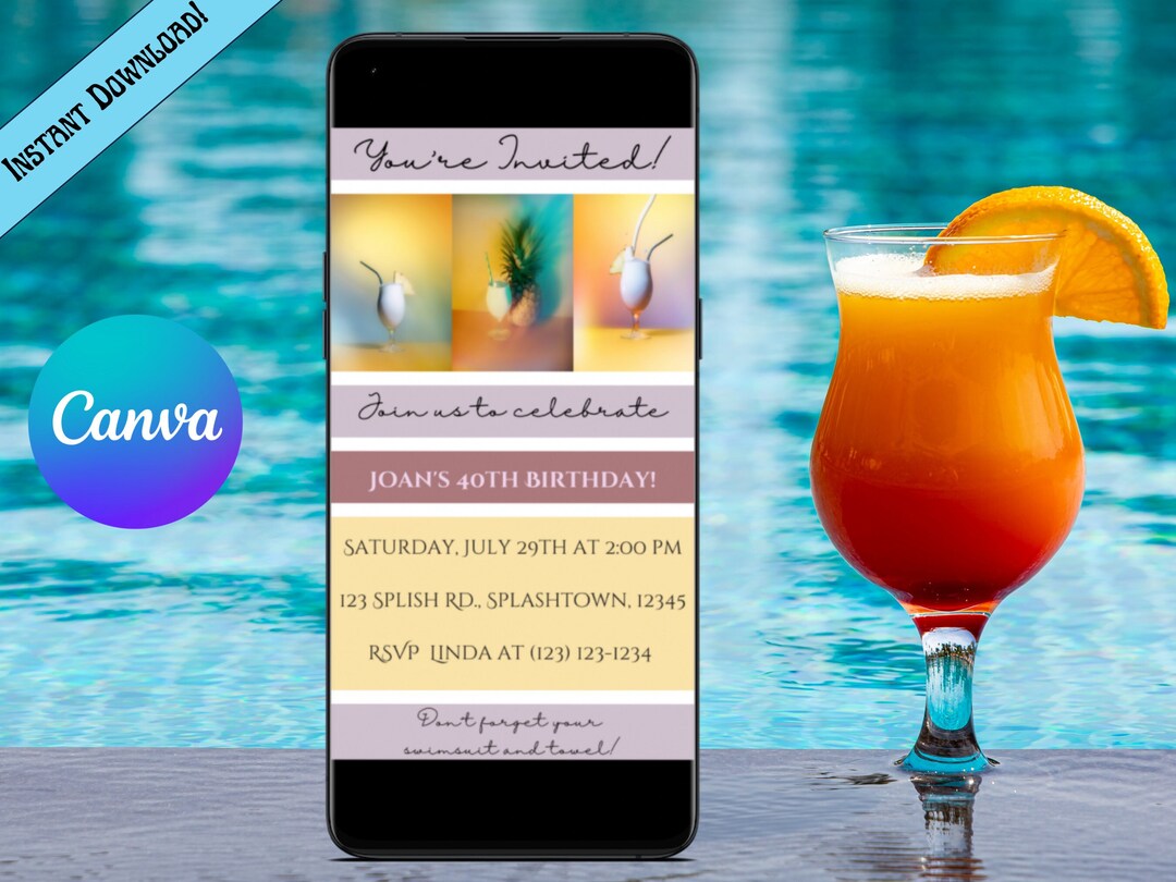 EDITABLE Pool Party Invite Pina Colada Summer Invitation for - Etsy