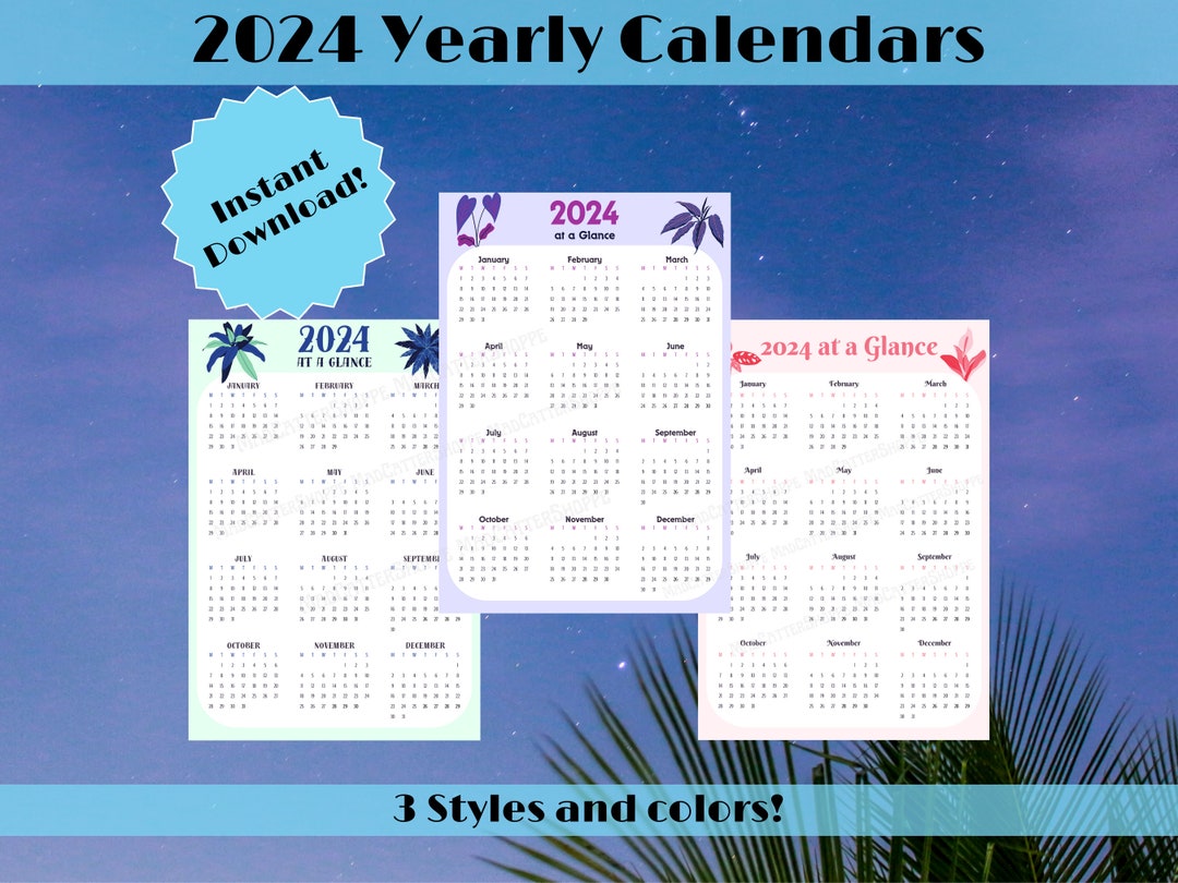 2024 Yearly Calendars Printable Pack Pink Purple Green Floral Monday ...