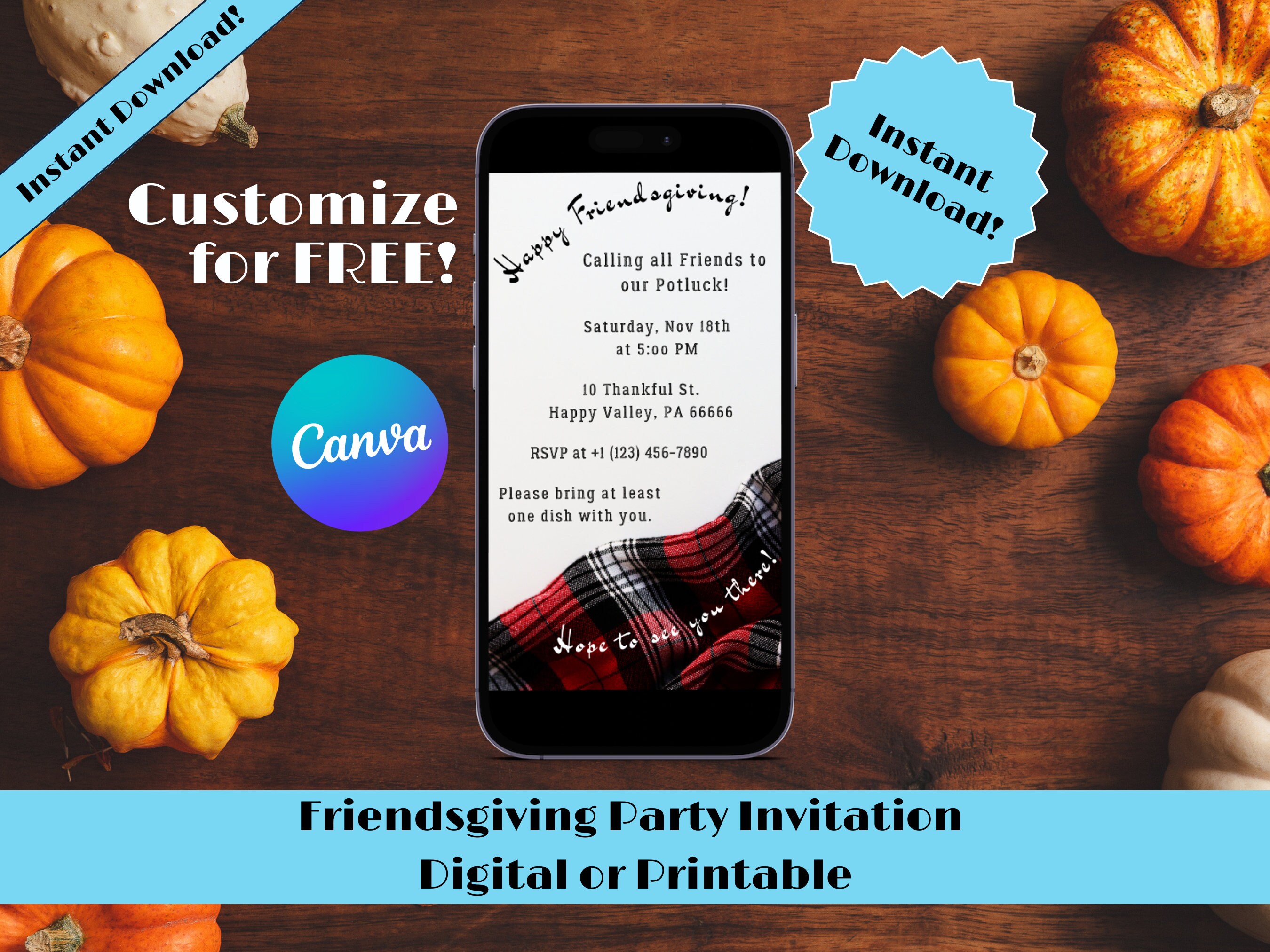 EDITABLE Friendsgiving Party Invitation Flannel Friends - Etsy