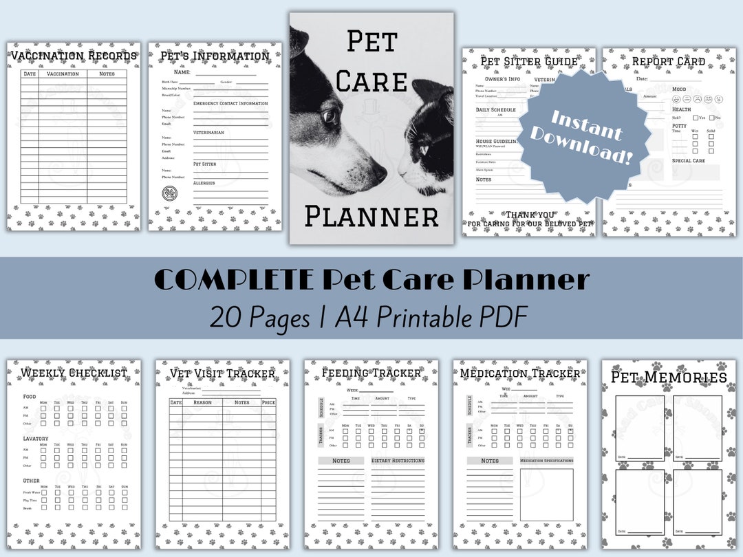 Complete Pet Care Planner Printable Dog and Cat Care Tracker Pet Health ...