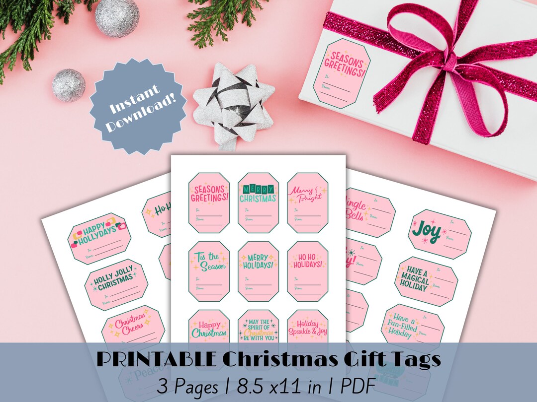 Printable Christmas Gift Tags Retro Pastel Pink Labels for Presents 36 ...