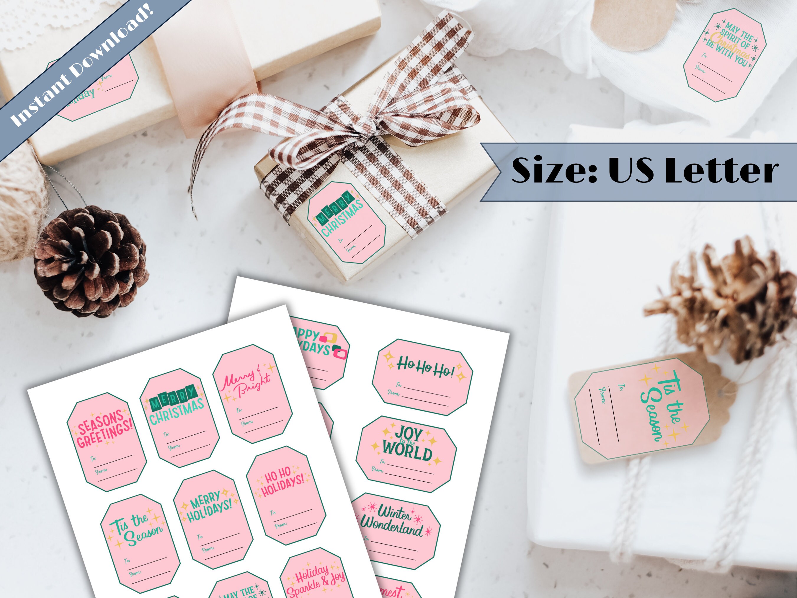 Printable Christmas Gift Tags Retro Pastel Pink Labels for Presents 36 ...