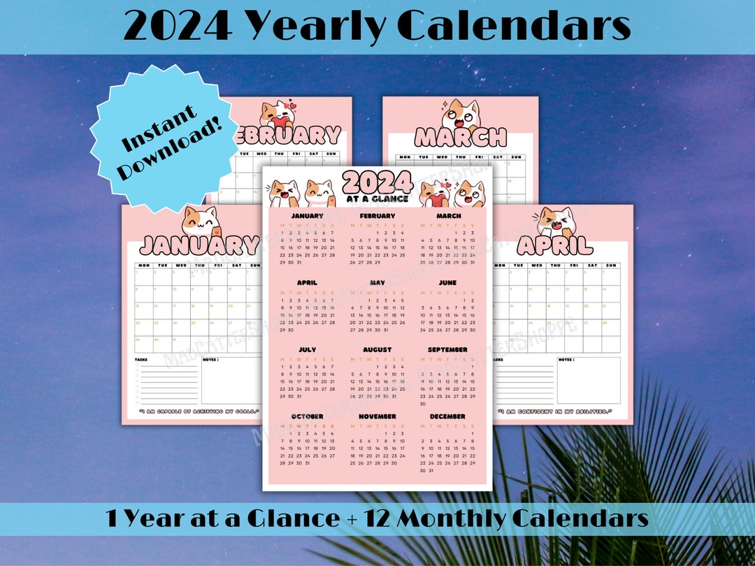 2024 Yearly Calendars Printable 12 Month Pack Cute Cats Pink - Etsy