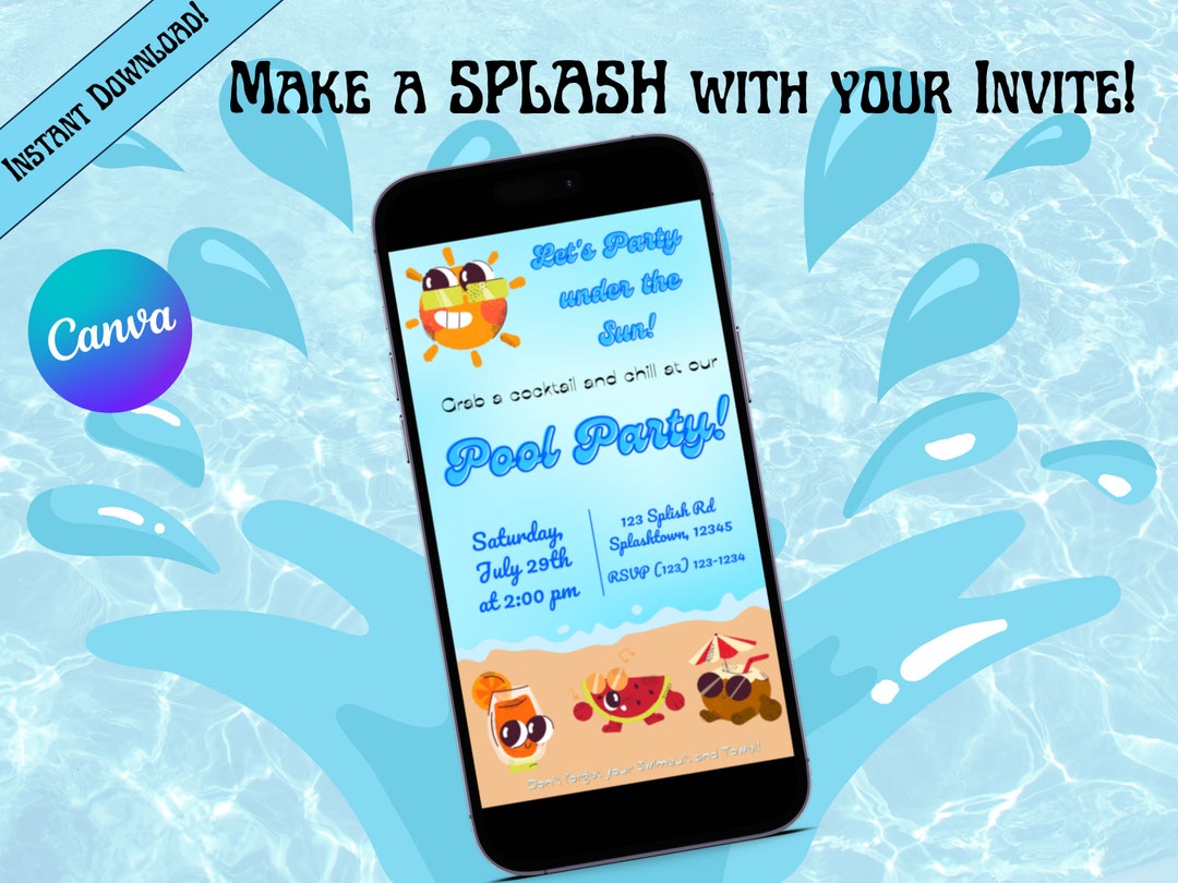 EDITABLE Kawaii Pool Party Invite Cute Vibes Summer Invitation for ...