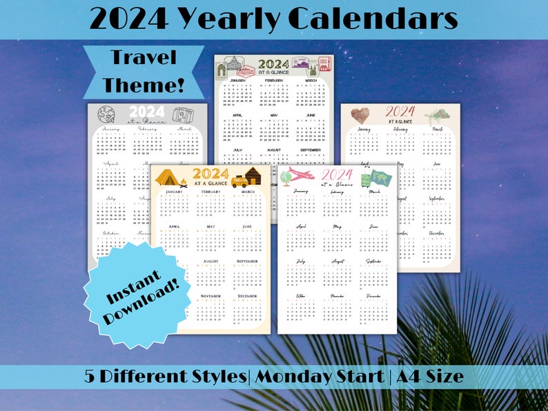 2024 Yearly Calendars Printable Pack Travel Planner Year Overview ...