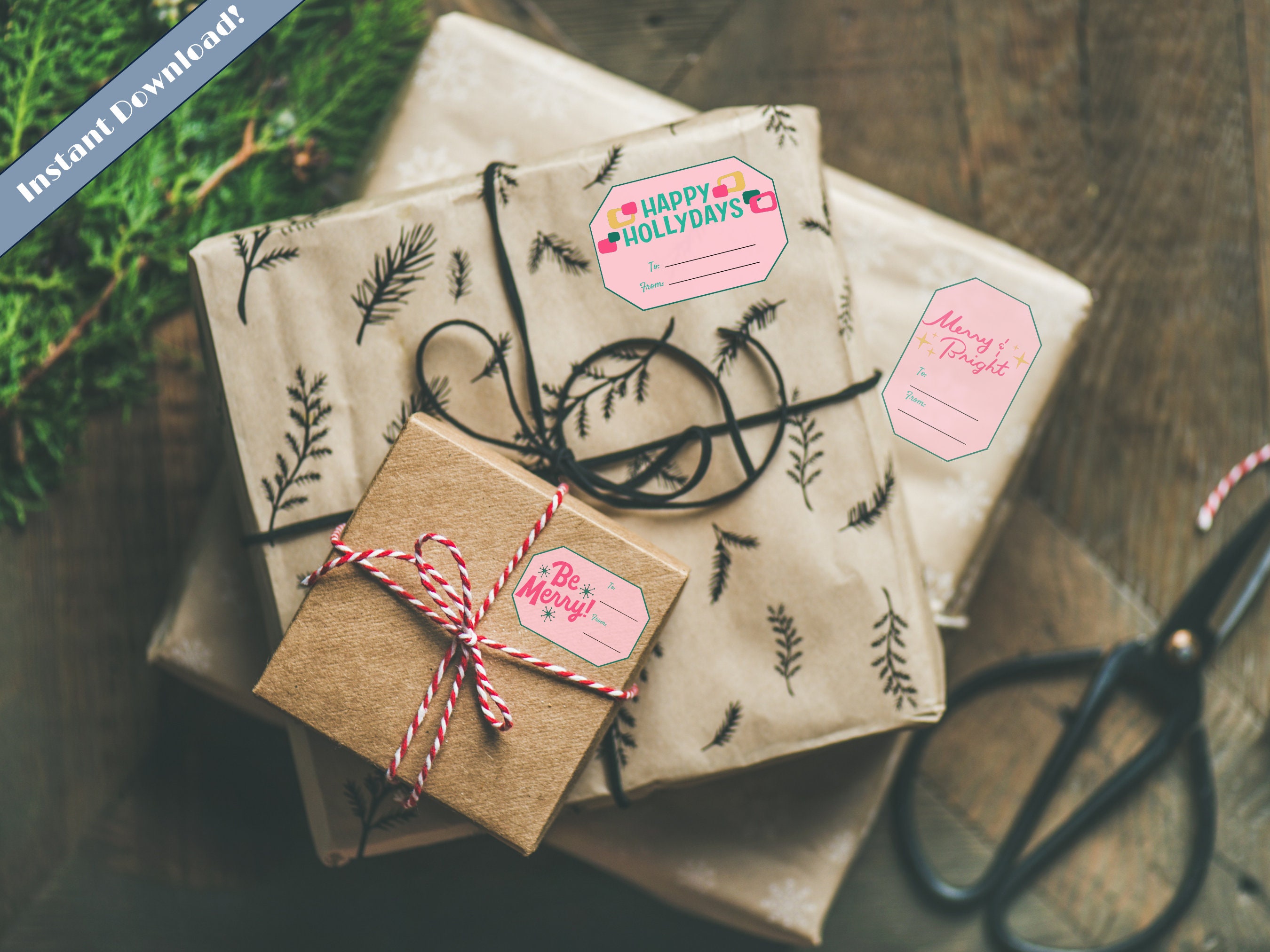 Printable Christmas Gift Tags Retro Pastel Pink Labels for Presents 36 ...