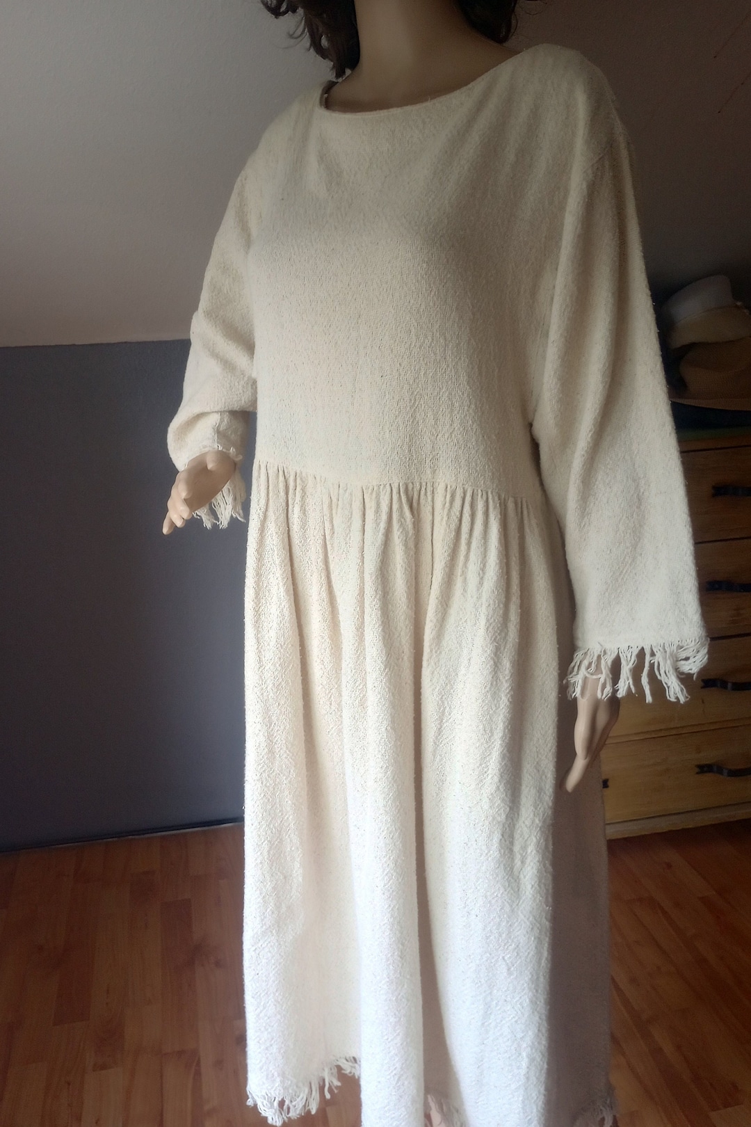 Designer 1980s Gene Ewing, BIS, Burlap Loose Fitting Dress, Cream ...