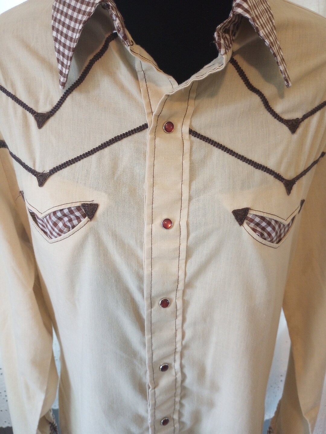 Vintage Larry Mahon Western Cowboy Shirt, Tan With Checked Collar ...