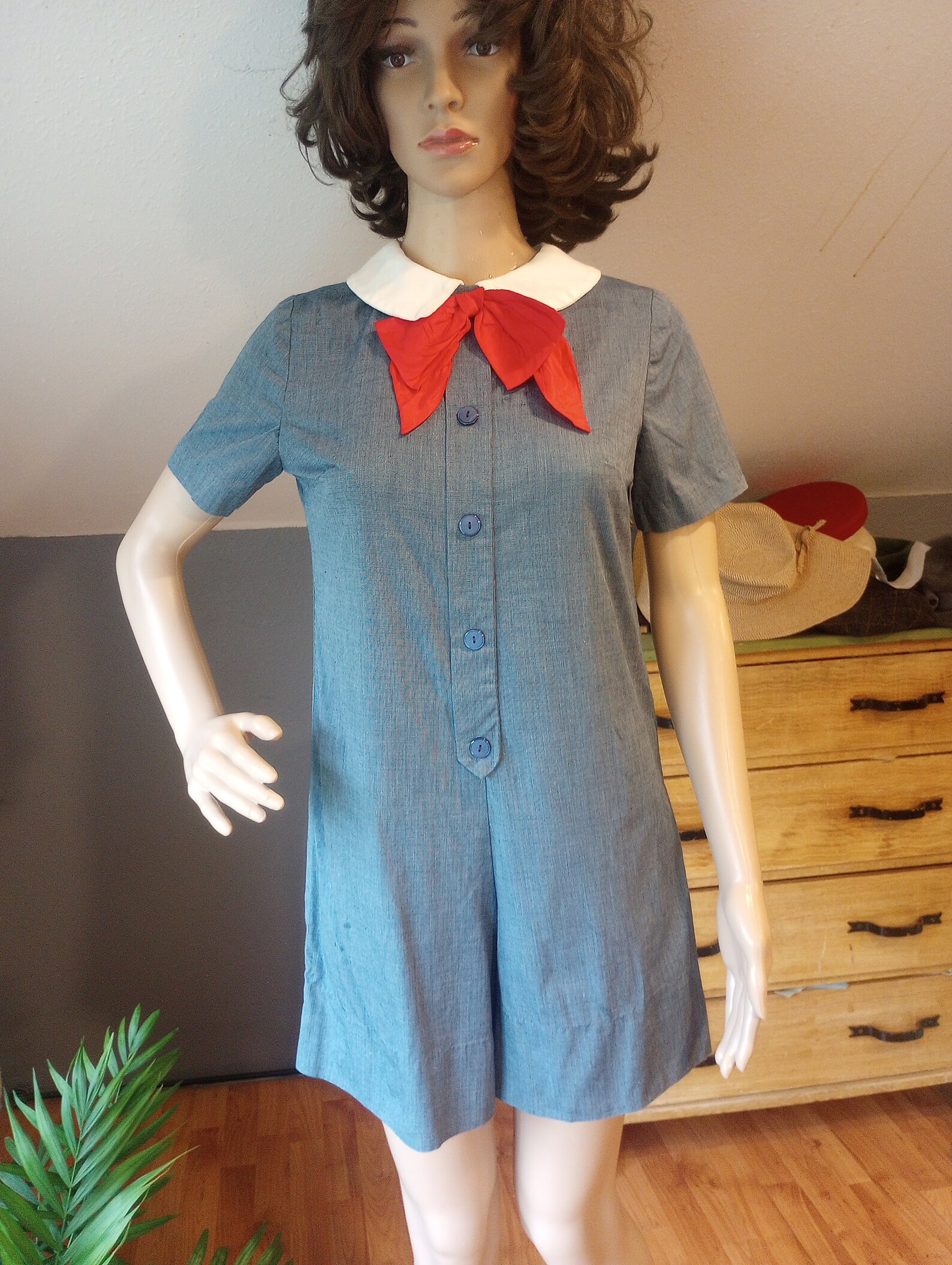 1960s Romper, Blue With Peter Pan Collar and Red Bow, Women's Small - Etsy