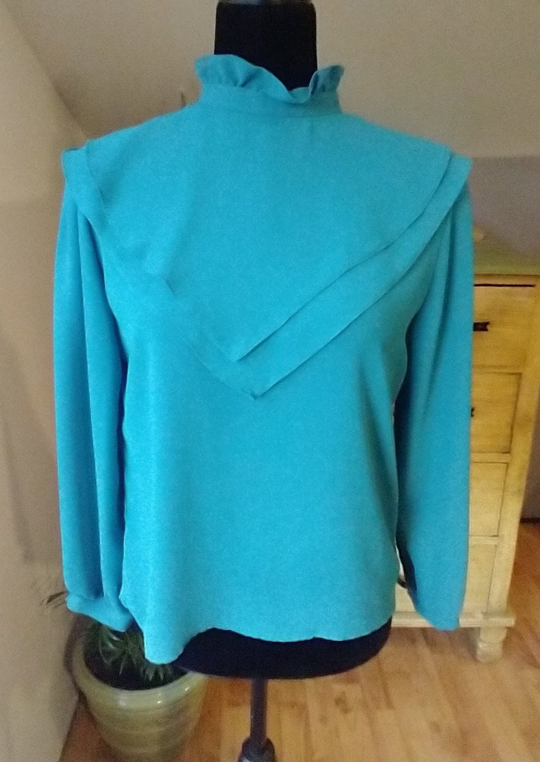 1980s Teal Blue Stunning High Ruffle Neck Blouse Cape Collar - Etsy