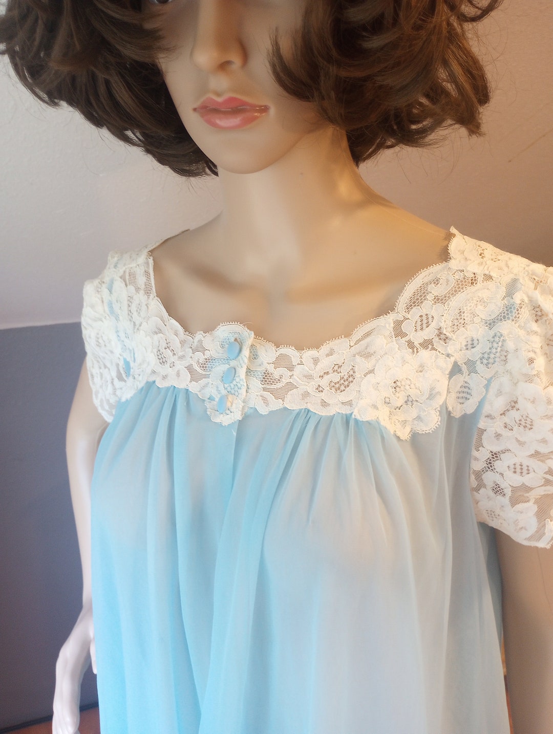 1960s Vintage Baby Blue Robe With Lace Collar, Gossard, Made in USA ...
