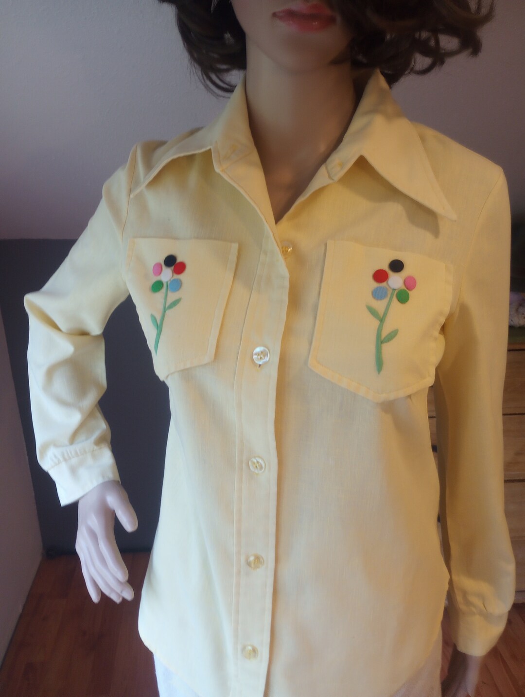 1970s, 1980s Vintage Button up Embroidered Blouse, Big Collar, Retro ...