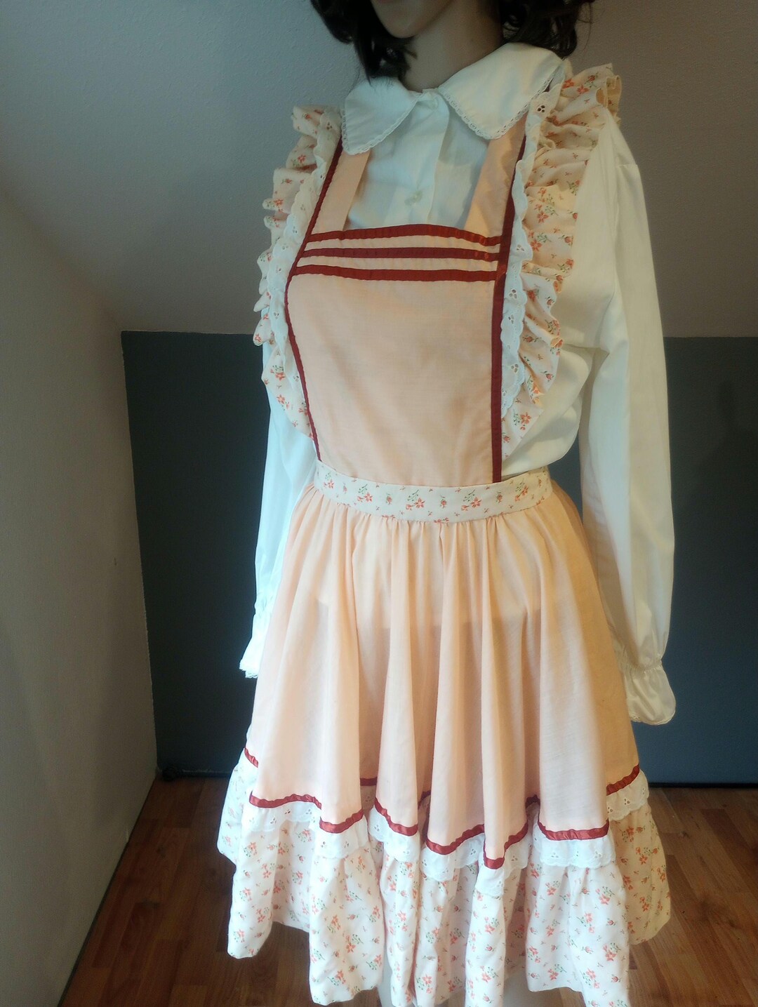 Cute Vintage Peach Ruffled Apron Cottage Core Fit and Flare Dress ...