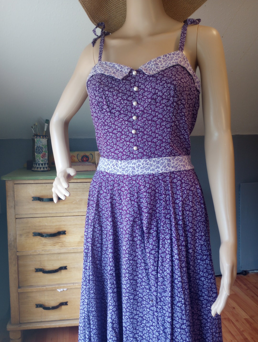 Floral Sundress, 1970s Boho Purple Calico Maxi Sundress, Handmade, With ...