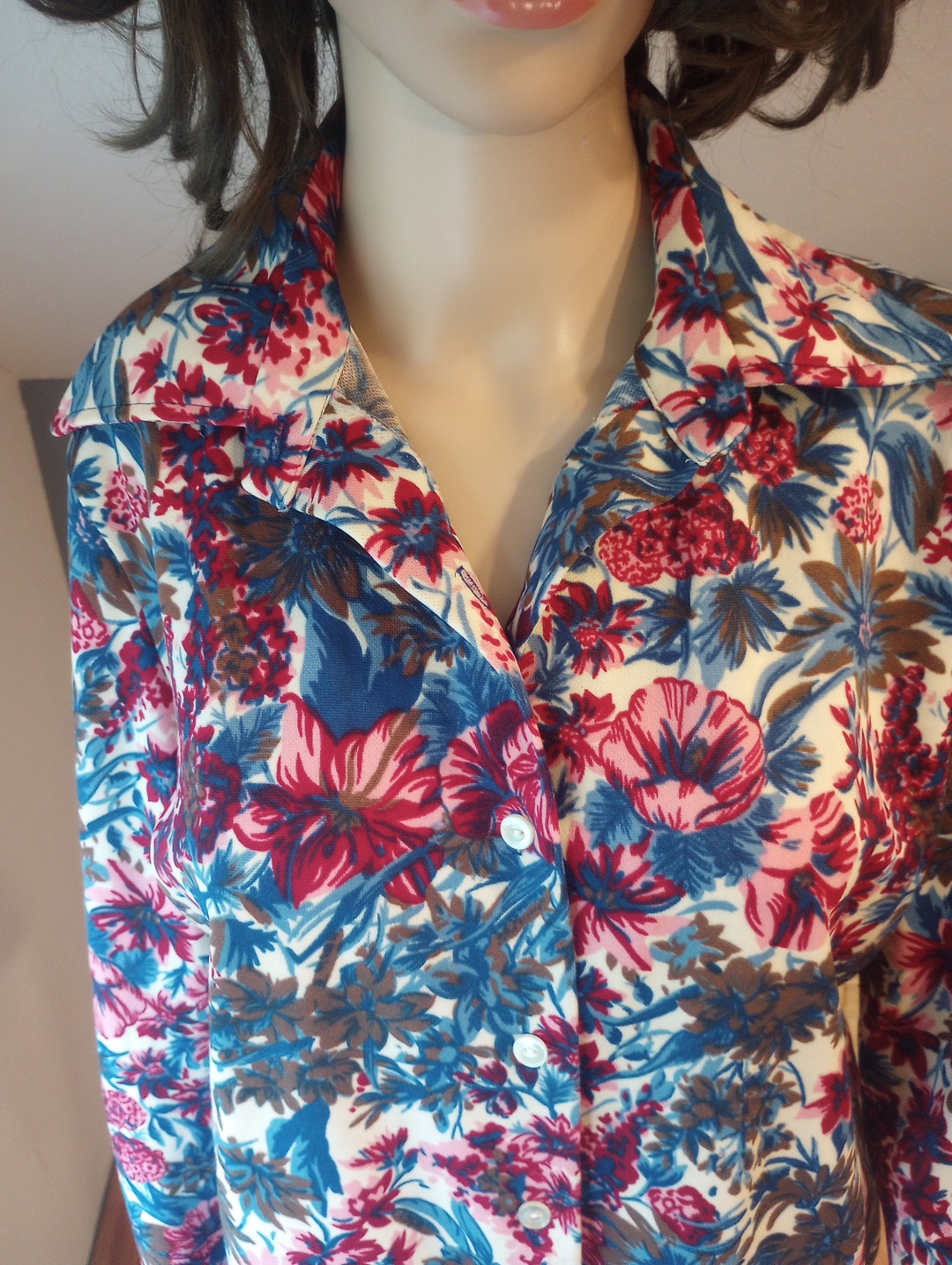 Fun 1970s Disco Collar Polyester Floral Women's Blouse, Small Size ...