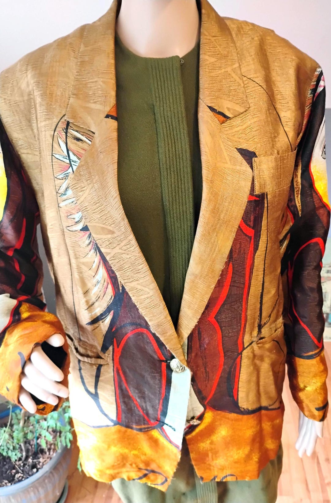 1990s Silk Oversized Blazer, Artist, Face Pattern, Abstract, Gold Color ...