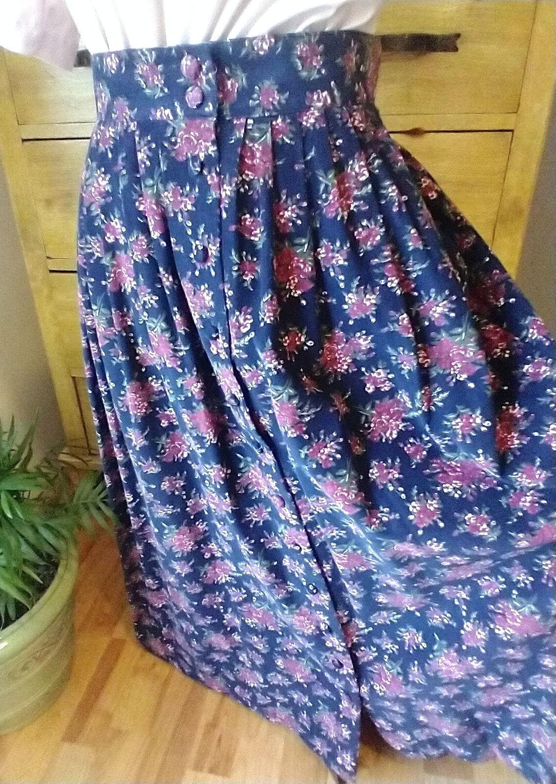 1980s Floral Cottage Core Corduroy Skirt, Buttons up Front, Full ...