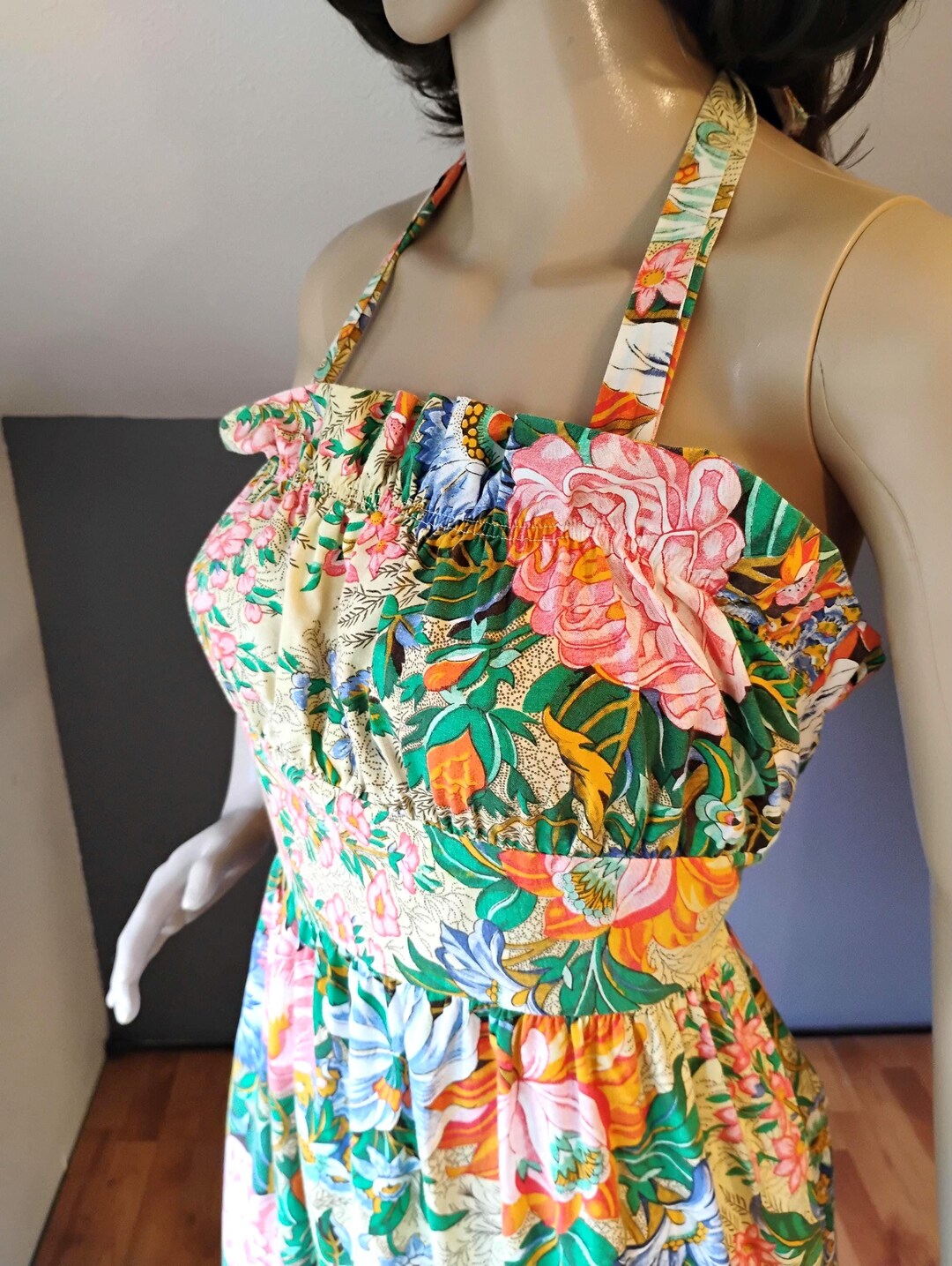 Floral Sundress, 1960-70. Halter Top, 100 Percent Cotton, Orange, Blue ...