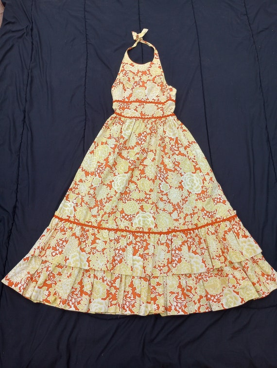 1960s orange floral maxi sundress! Boho, hippy, flowe… - Gem