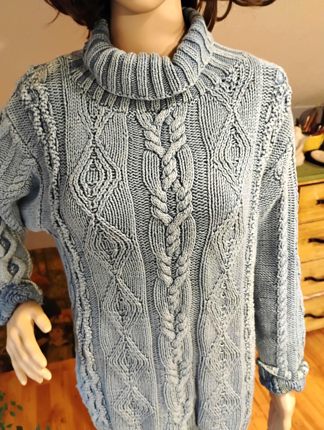 Vintage Cotton Powder Blue Cable Sweater. Turtleneck. Long Sleeve ...
