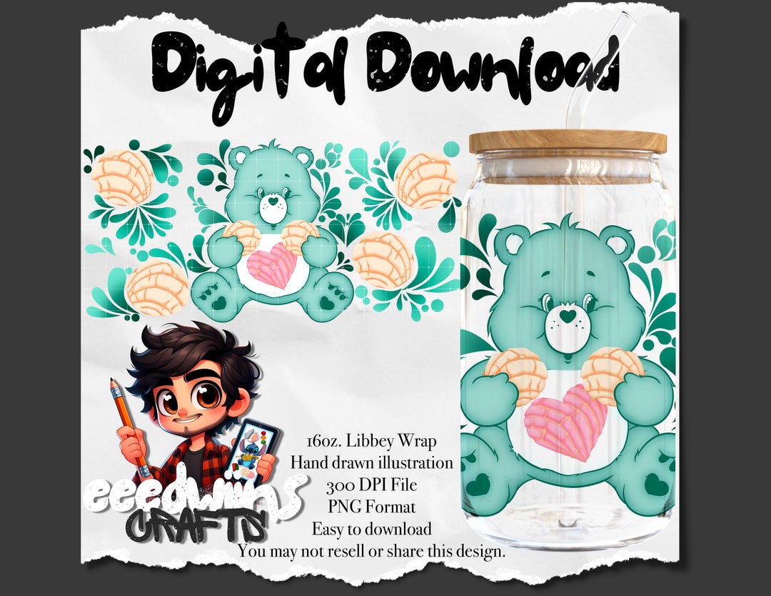 16 Oz Libbey Glass Can UVDTF Wrap Design. Cute Concha Bear Cartoon ...