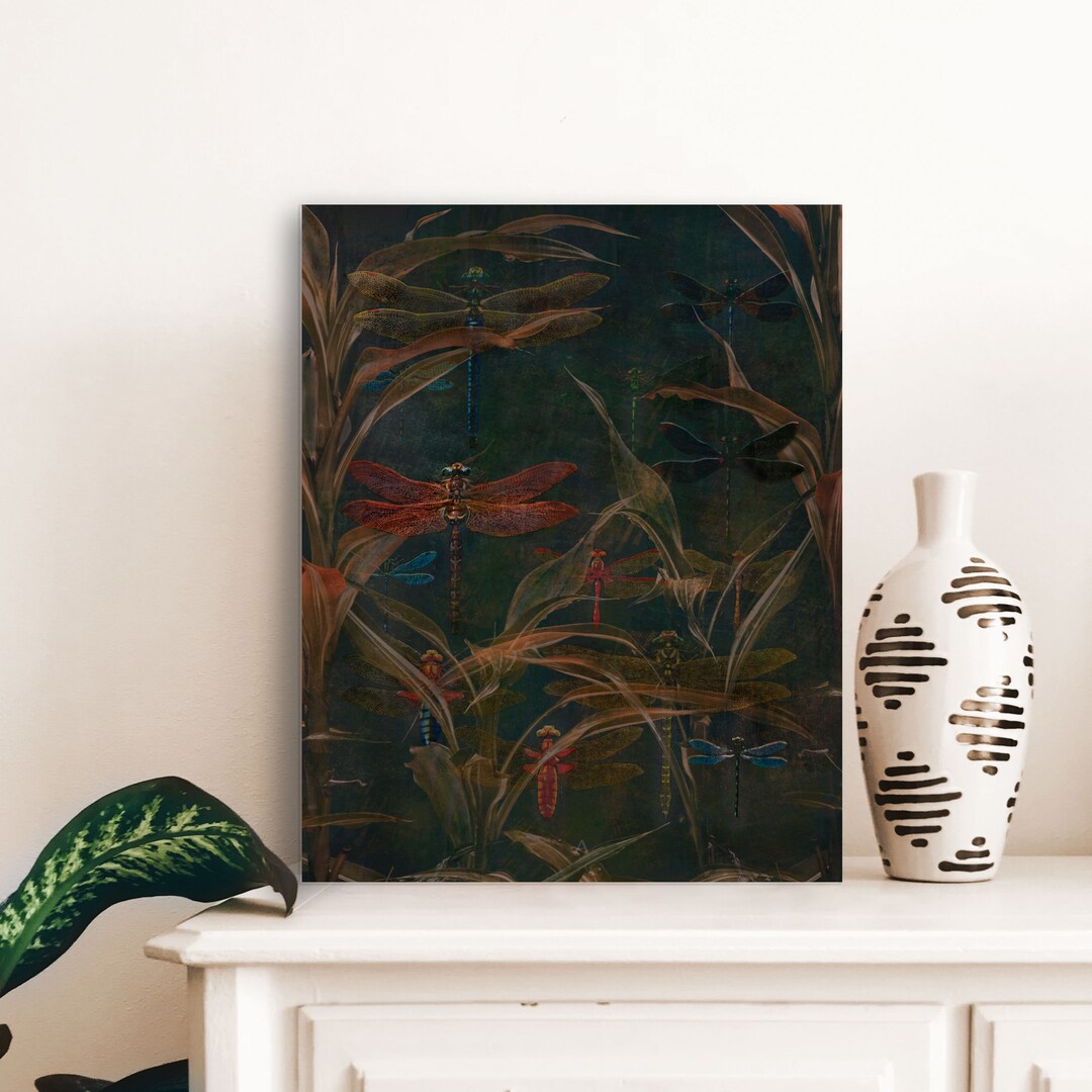 Dragonfly Print, Dark Botanical Print, Butterfly Wall Art, Digital ...