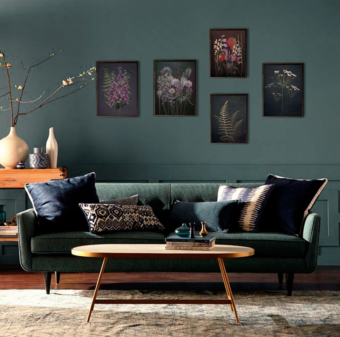 Black background botanical print dark botanical prints black | Etsy