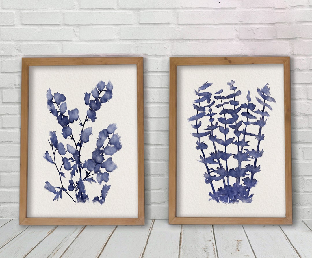 Blue Botanical Print, 2 Piece Wall Art, Digital Prints, Navy Blue Wall ...