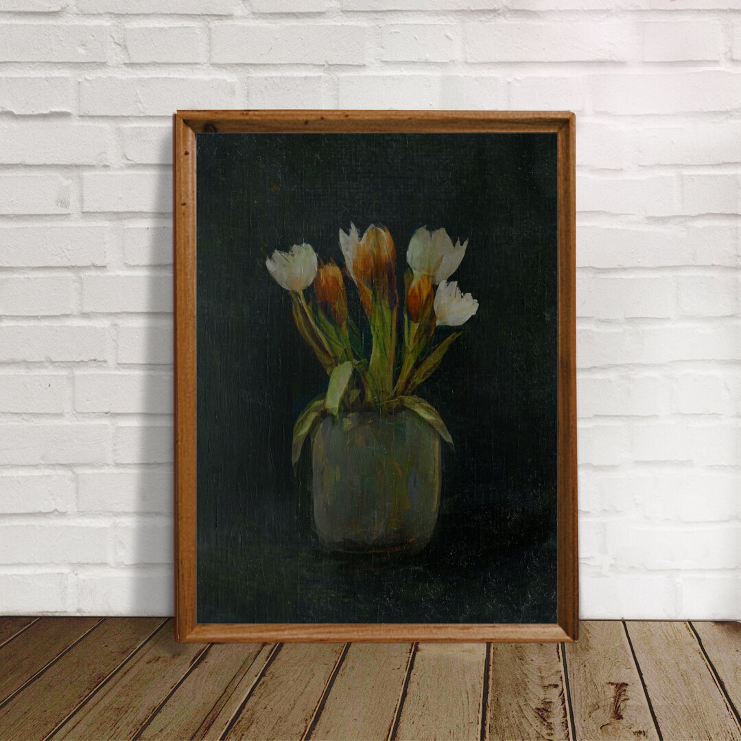 Tulip Spring Print, Dark Floral Prints, Vintage Flower Poster, White ...