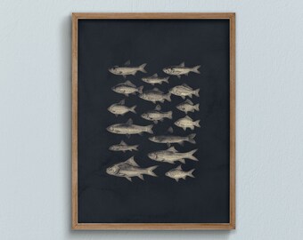 Dark Wall Art Fish Print Nautical Prints Black Background | Etsy