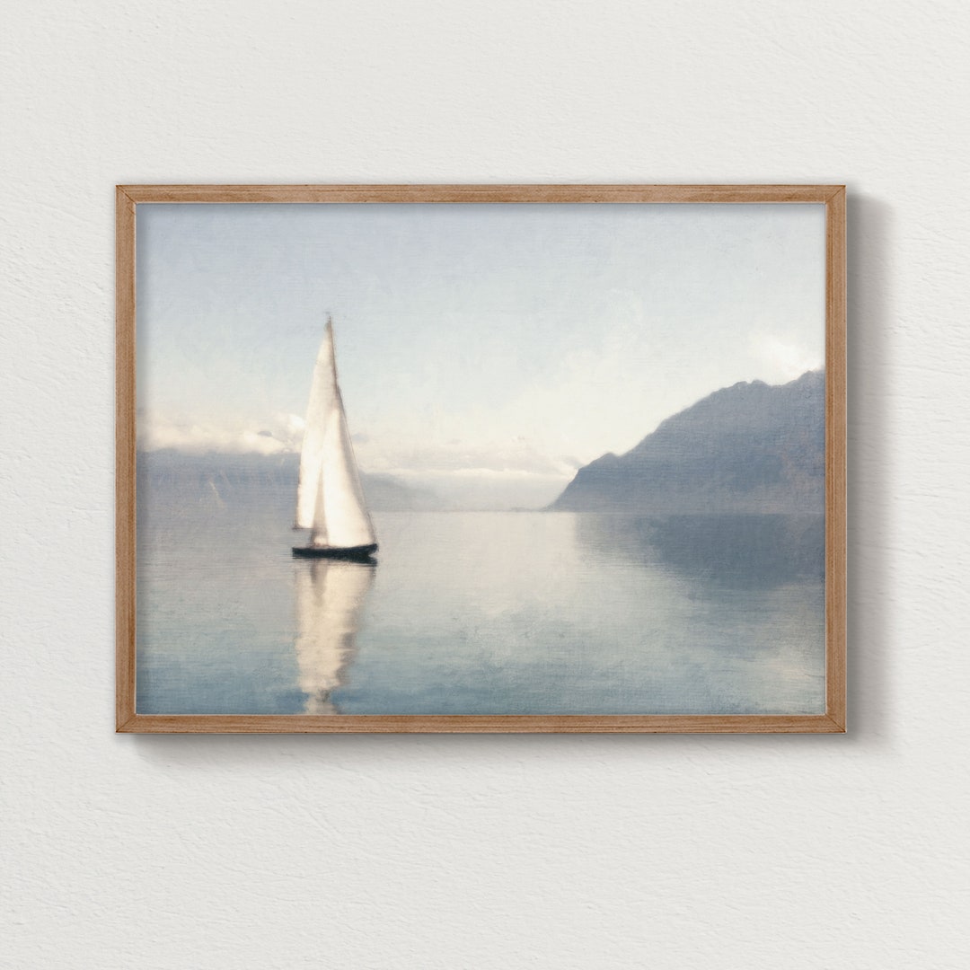 Sailboat Painting, Muted Nautical Seascape Print, Coastal Landscape Art ...