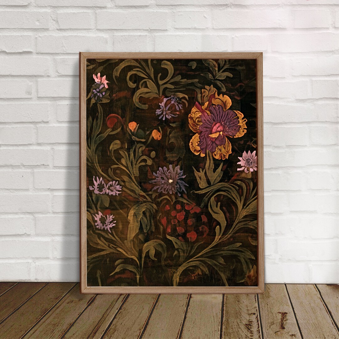 Dark Red Floral Wall Art, Flower Pattern Painting, Digital Prints, Moody Wall Art, Dark Academia ...