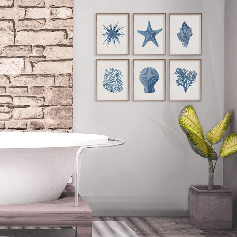 Blue Coral Print Shell Print Nautical Art Prints Coastal - Etsy