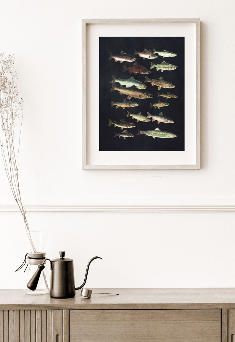 Dark Wall Art Fish Print Nautical Prints Black Background | Etsy