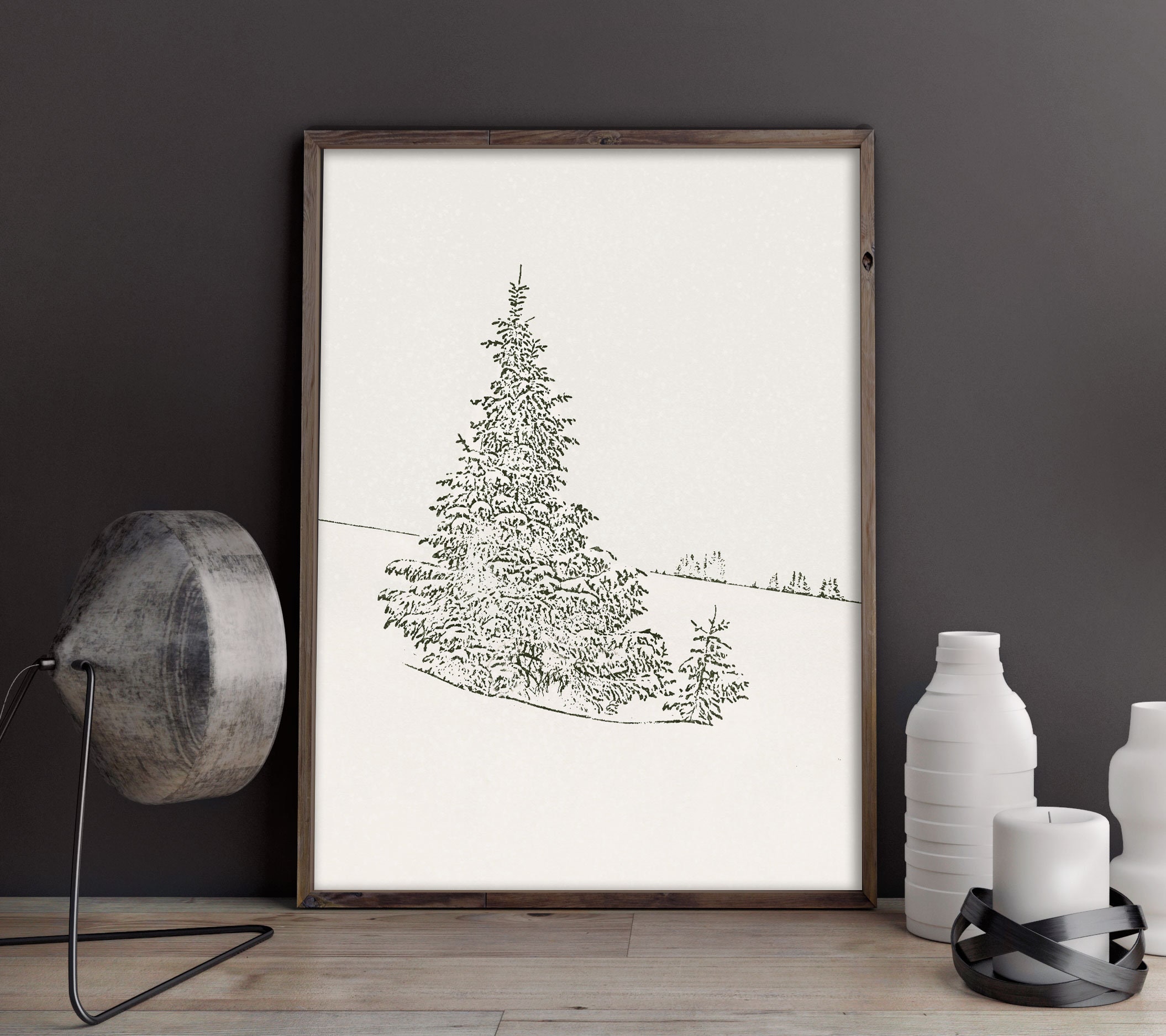 Winter Landscape Pine Tree Sketch Pine Tree Artwork Black - Etsy