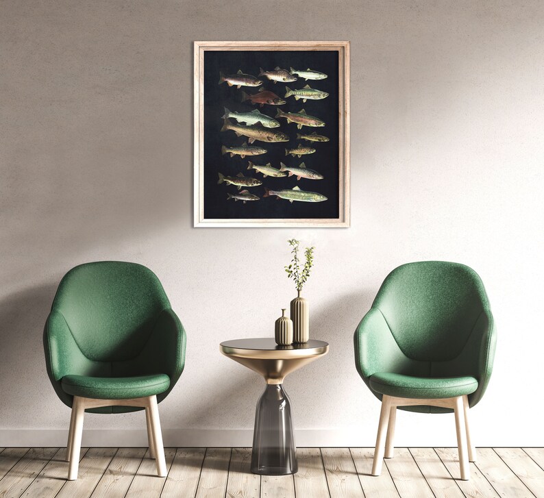 Dark Wall Art Fish Print Nautical Prints Black Background | Etsy