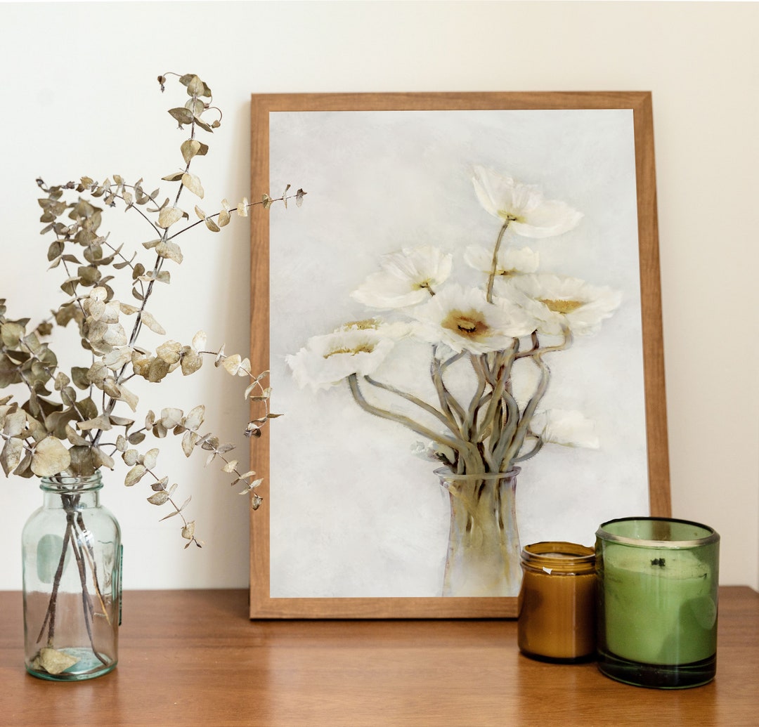 Muted Floral Art, Flower Prints, White Botanical Art, Printable Wall ...