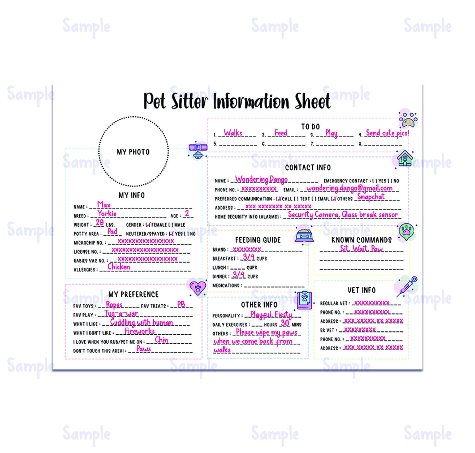 Pet Sitting Information Sheet Fillable Form Template | Instant Download ...