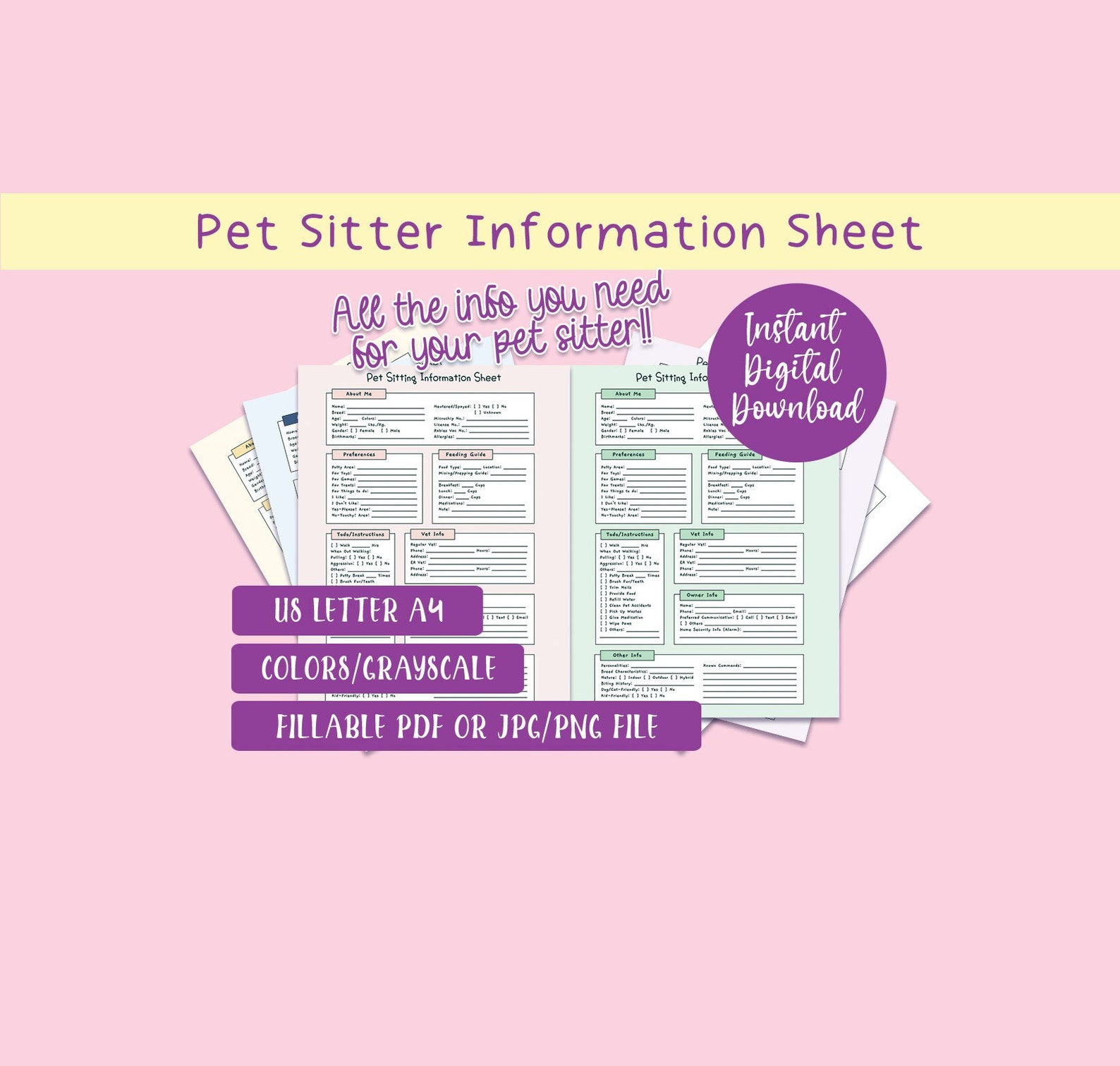 Pet Sitting Information Sheet Fillable Form Template | Instant Download ...