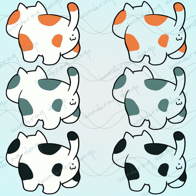 Cute Hand Drawn Cat Show off Butt in Various Colors and Patterns Doodle ...