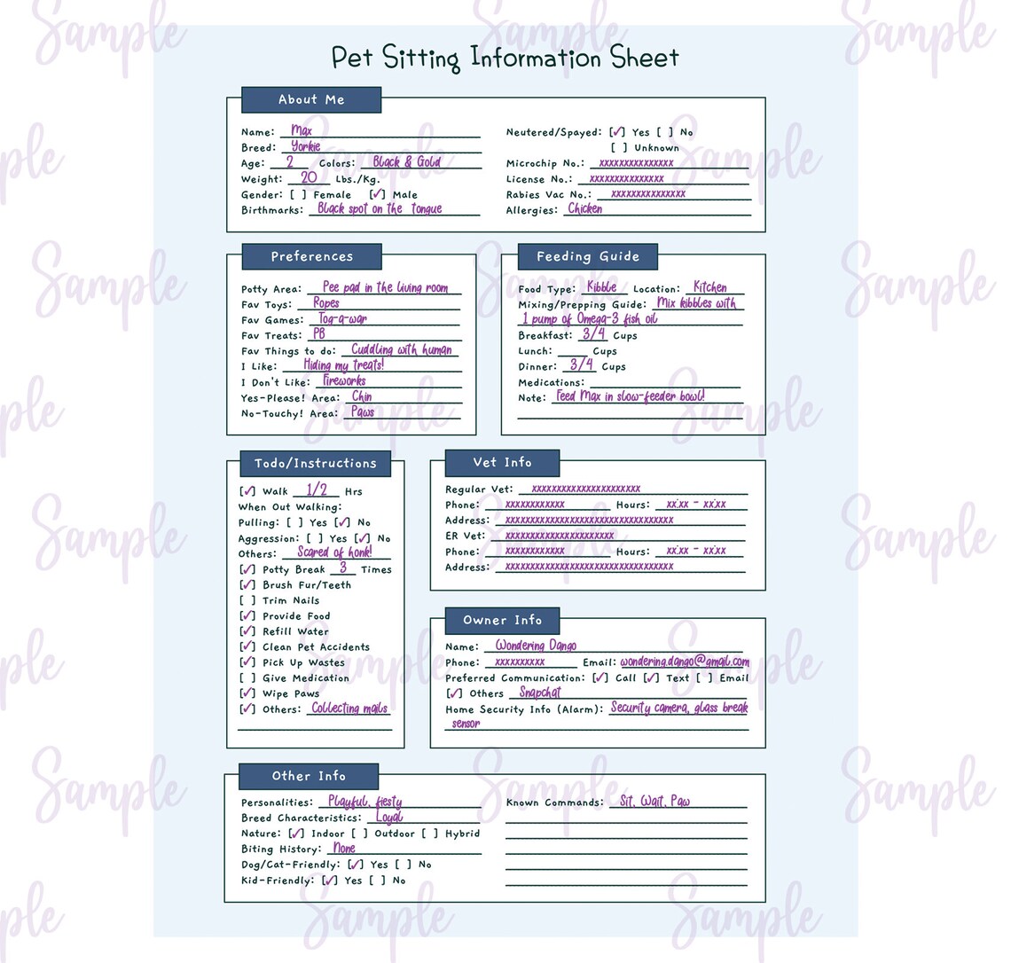 Pet Sitting Information Sheet Fillable Form Template | Instant Download ...