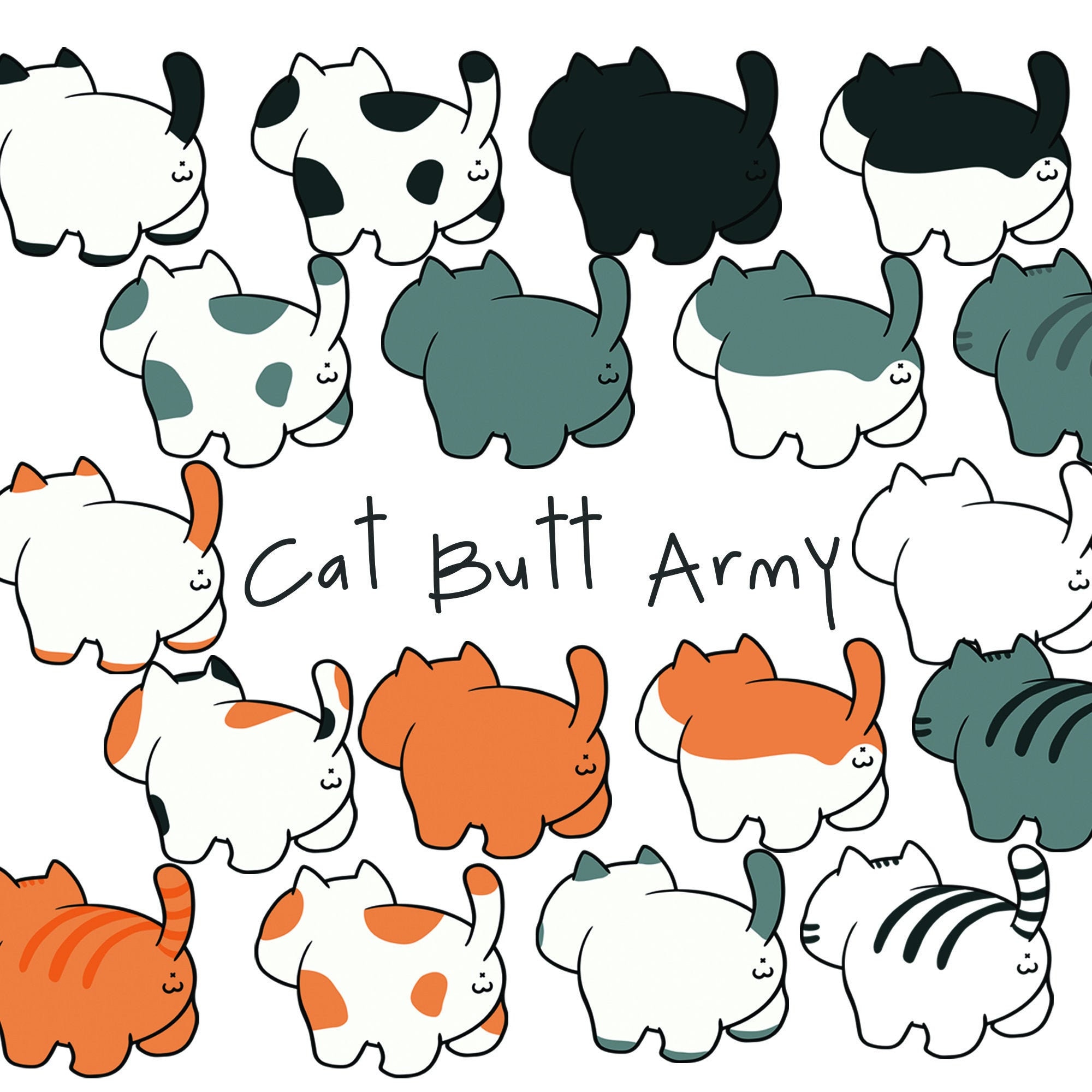 Cute Hand Drawn Cat Show off Butt in Various Colors and Patterns Doodle ...