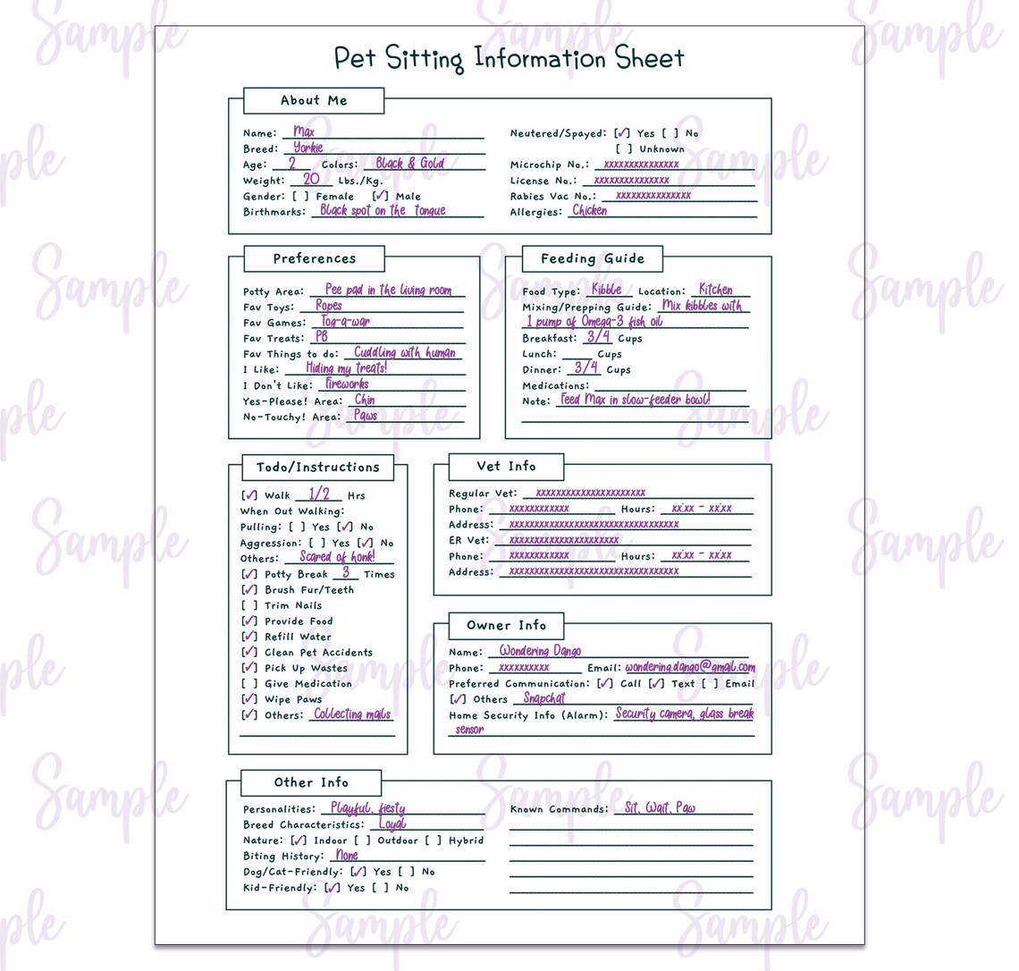 Pet Sitting Information Sheet Fillable Form Template | Instant Download ...
